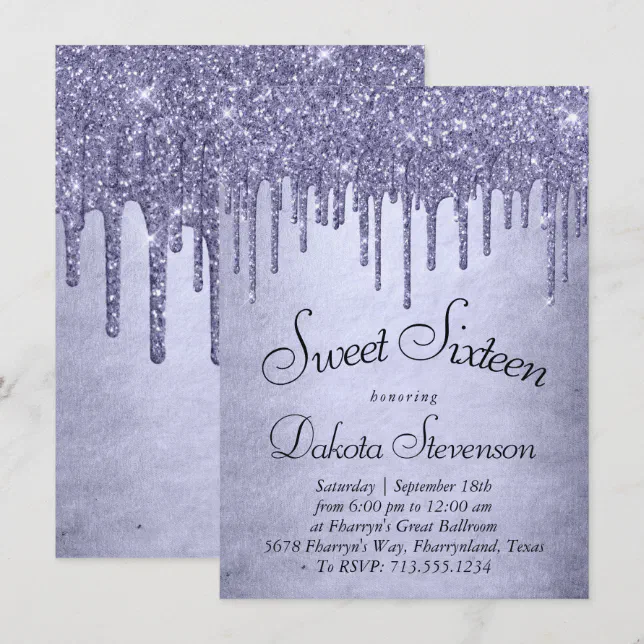 Dripping Purple Glitter | Lavender Sweet Sixteen Invitation | Zazzle