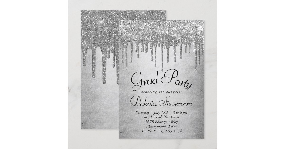 Dripping Silvery Glitter | Platinum Graduation Invitation | Zazzle