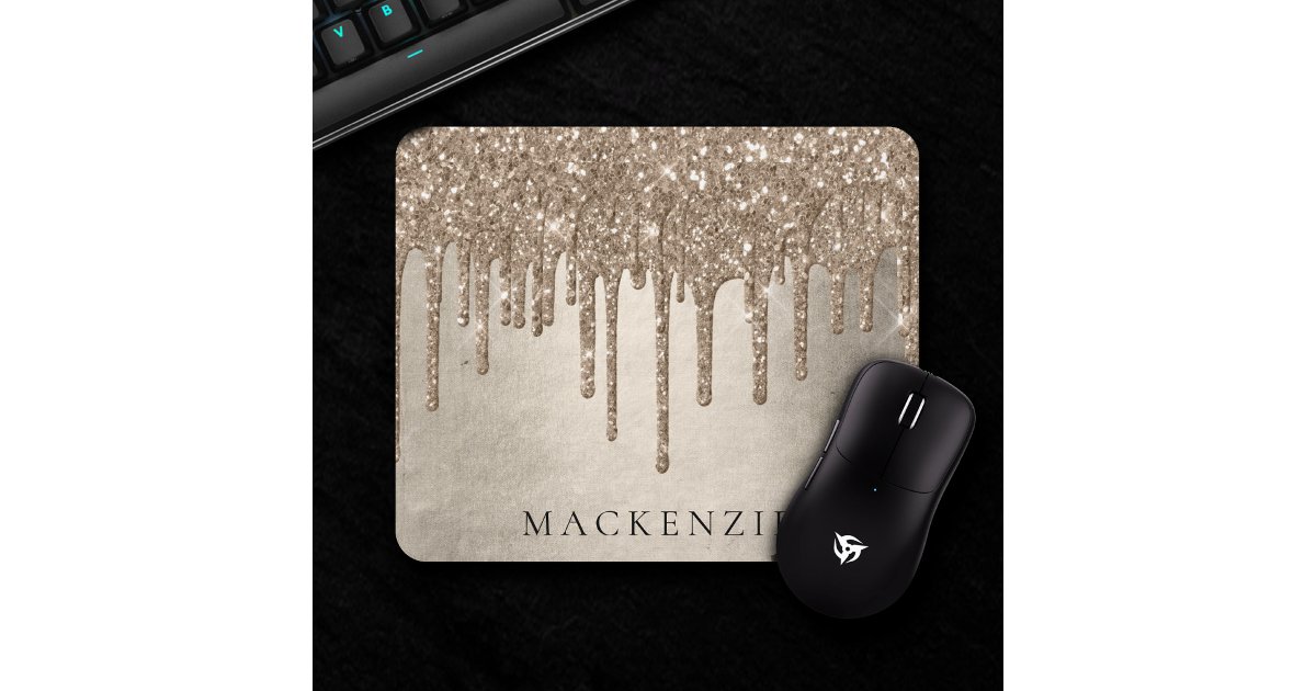 Dripping Taupe Glitter | Champagne Gold Monogram Mouse Pad | Zazzle