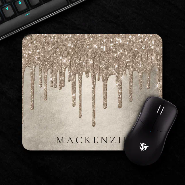 Dripping Taupe Glitter | Champagne Gold Monogram Mouse Pad | Zazzle