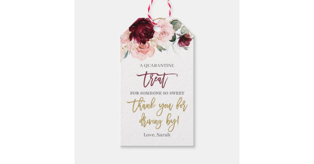 Drive by baby shower burgundy and pink fall floral gift tags | Zazzle