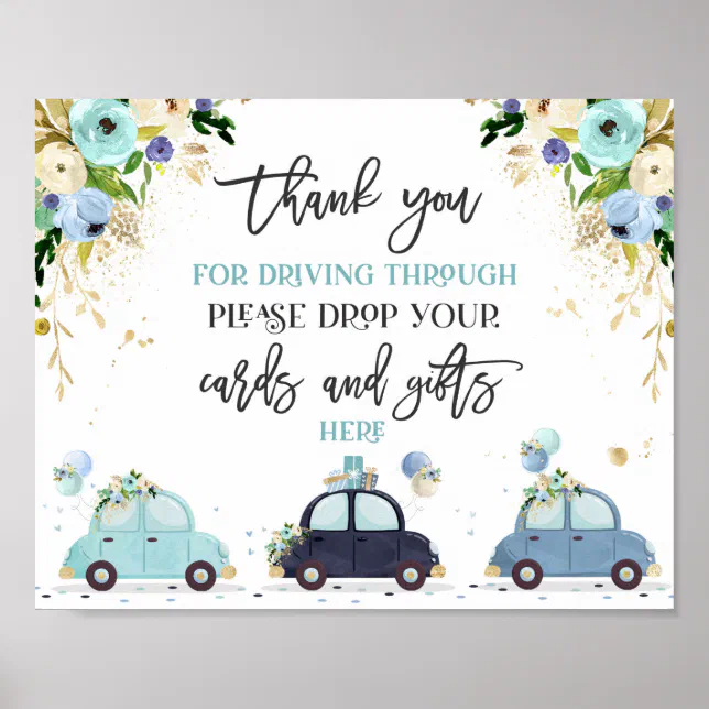 Drive By Baby Shower Cards Gifts Sign Blue Floral | Zazzle