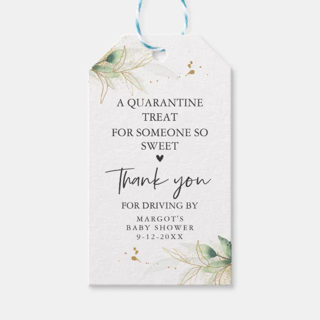 Drive By Baby Shower Greenery And Gold Favor Gift Tags | Zazzle