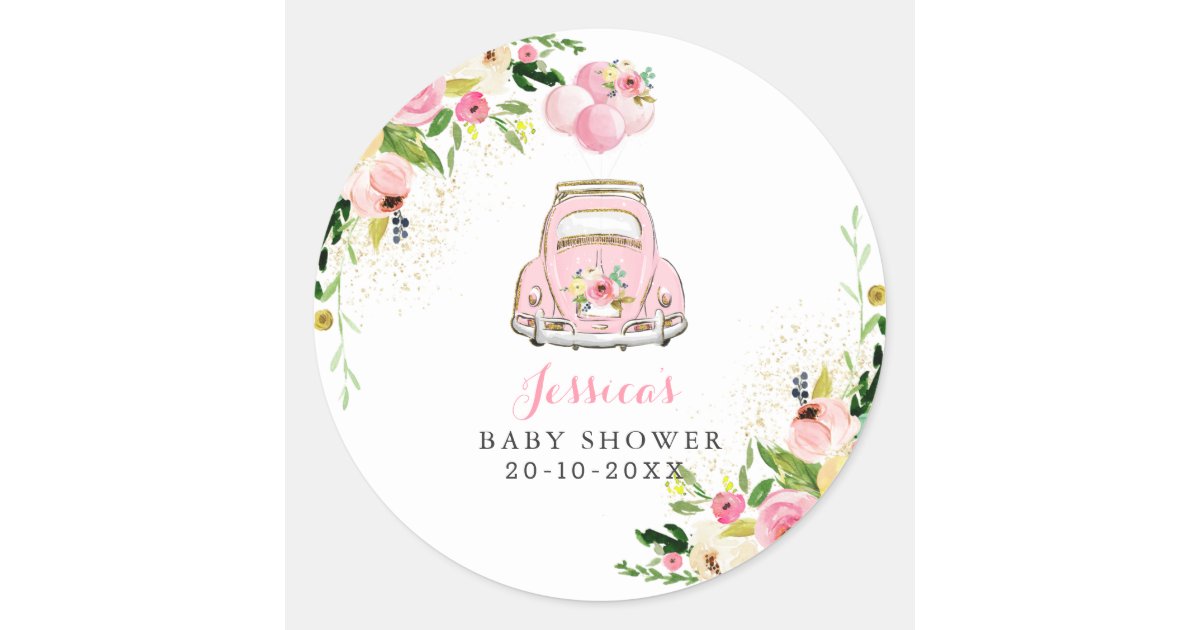 Drive By Baby Shower Pink Floral Favor Tag Sticker | Zazzle