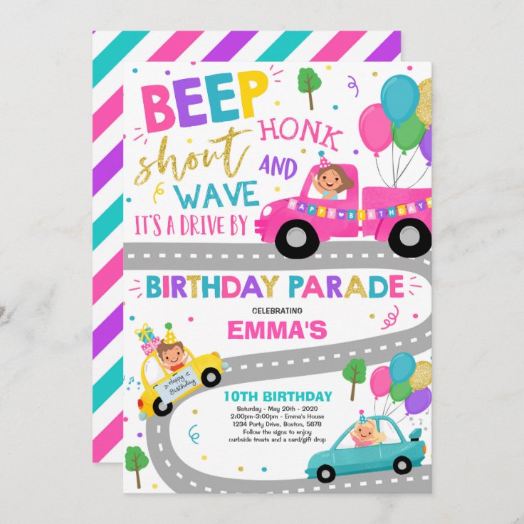 Drive By Birthday Parade Invitation Pink Parade | Zazzle