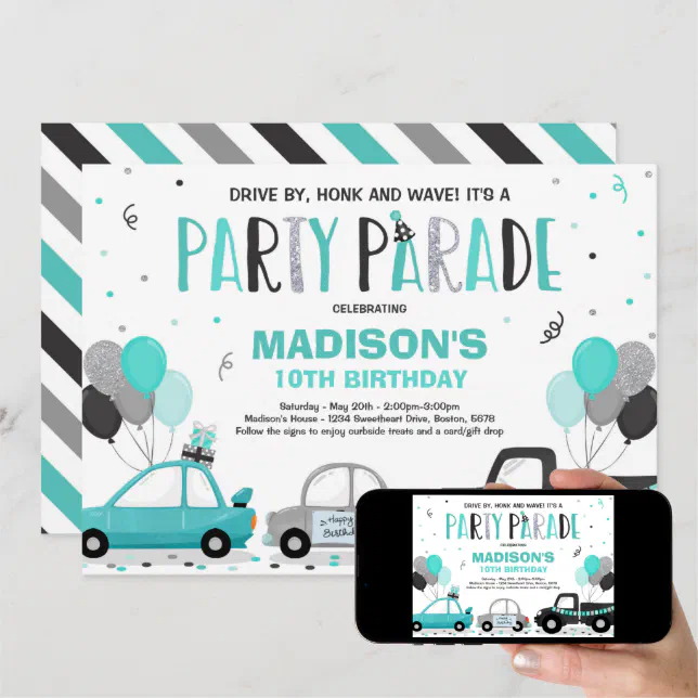 Drive By Birthday Parade Invitation Teal Parade | Zazzle