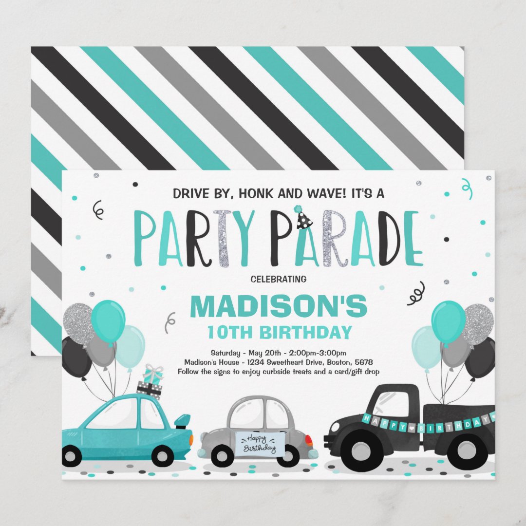 Drive By Birthday Parade Invitation Teal Parade | Zazzle