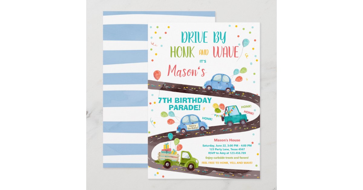 Drive By Birthday Parade Party Blue Drive Through Invitation | Zazzle