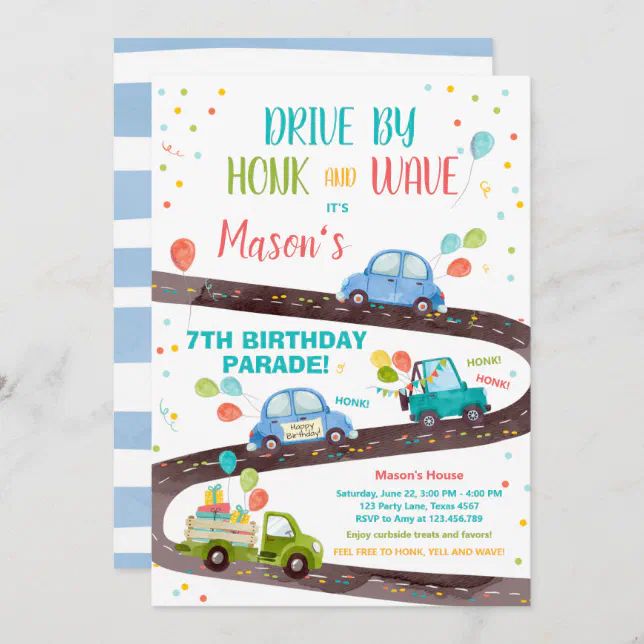 Drive By Birthday Parade Party Blue Drive Through Invitation | Zazzle