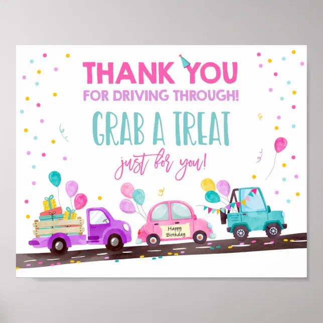 Drive By Birthday Party Girl Grab a Treat Sign | Zazzle