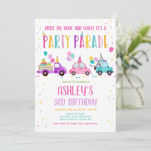 Drive By Birthday Party Parade Pink Drive Through Invitation | Zazzle