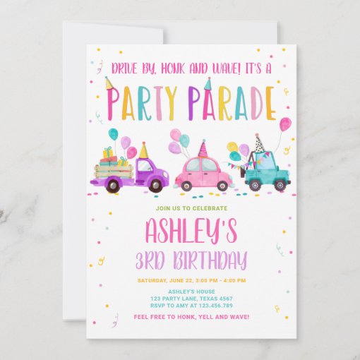 Drive By Birthday Party Parade Pink Drive Through Invitation | Zazzle