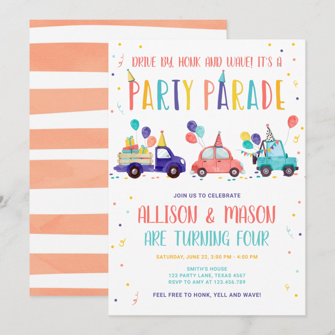 Drive By Birthday Party Parade Twins Drive Through Invitation | Zazzle