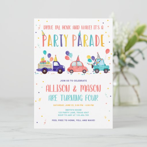 Drive By Birthday Party Parade Twins Drive Through Invitation | Zazzle