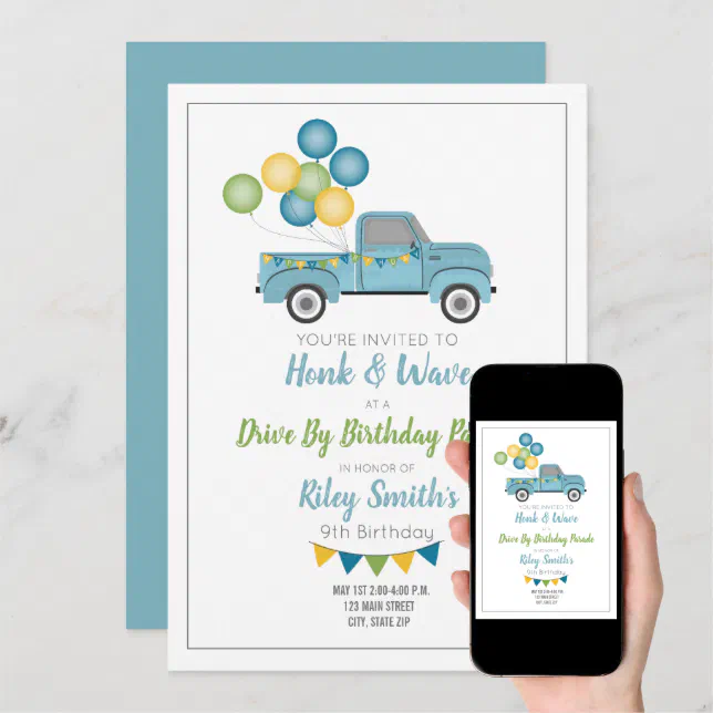 Drive By Birthday Social Distance Blue Truck Invitation | Zazzle