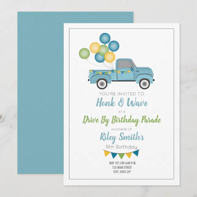 Drive By Birthday Social Distance Blue Truck Invitation | Zazzle