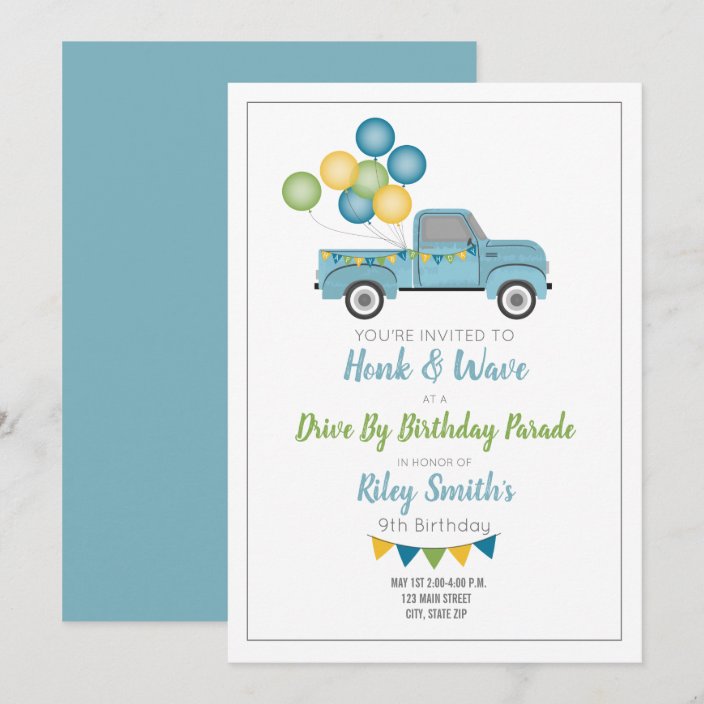 Drive By Birthday Social Distance Blue Truck Invitation | Zazzle