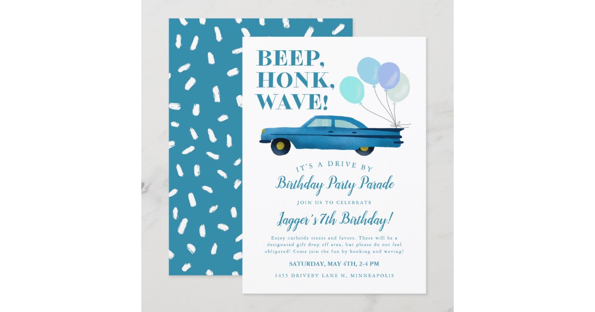 Drive By Boy Birthday Party Blue Vintage Car Invitation | Zazzle