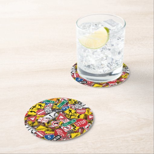 Driving Instructor Fun Road Sign Collage Round Paper Coaster | Zazzle