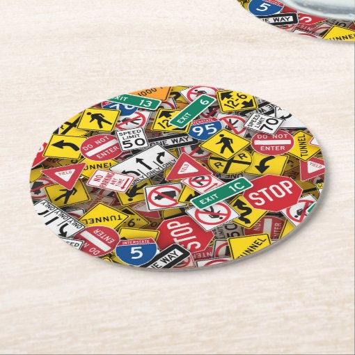 Driving Instructor Fun Road Sign Collage Round Paper Coaster | Zazzle