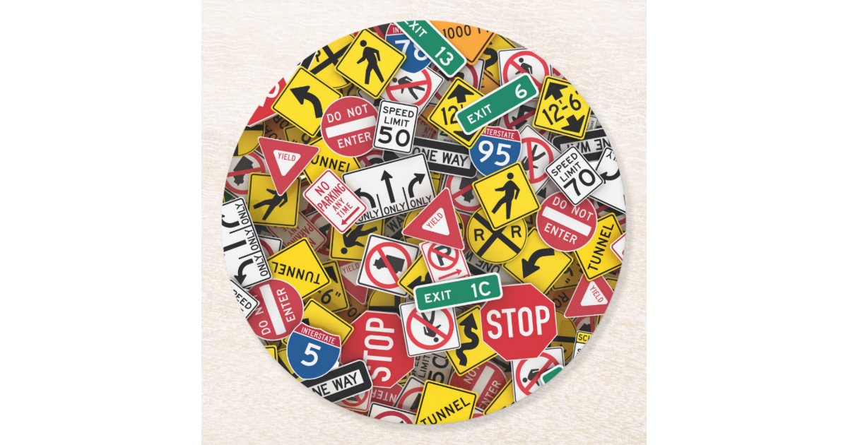 Driving Instructor Fun Road Sign Collage Round Paper Coaster | Zazzle