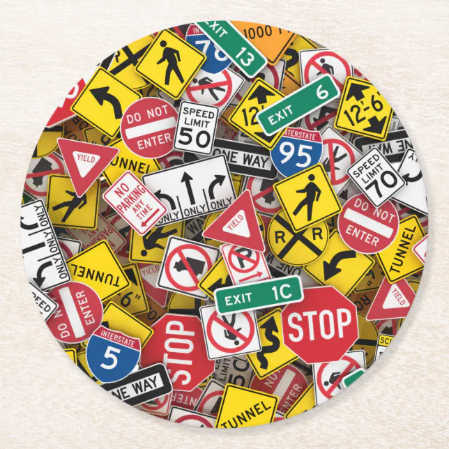 Driving Instructor Fun Road Sign Collage Round Paper Coaster | Zazzle