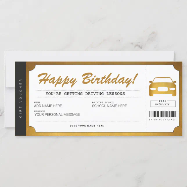 Driving Lessons Gold Gift Ticket Voucher | Zazzle