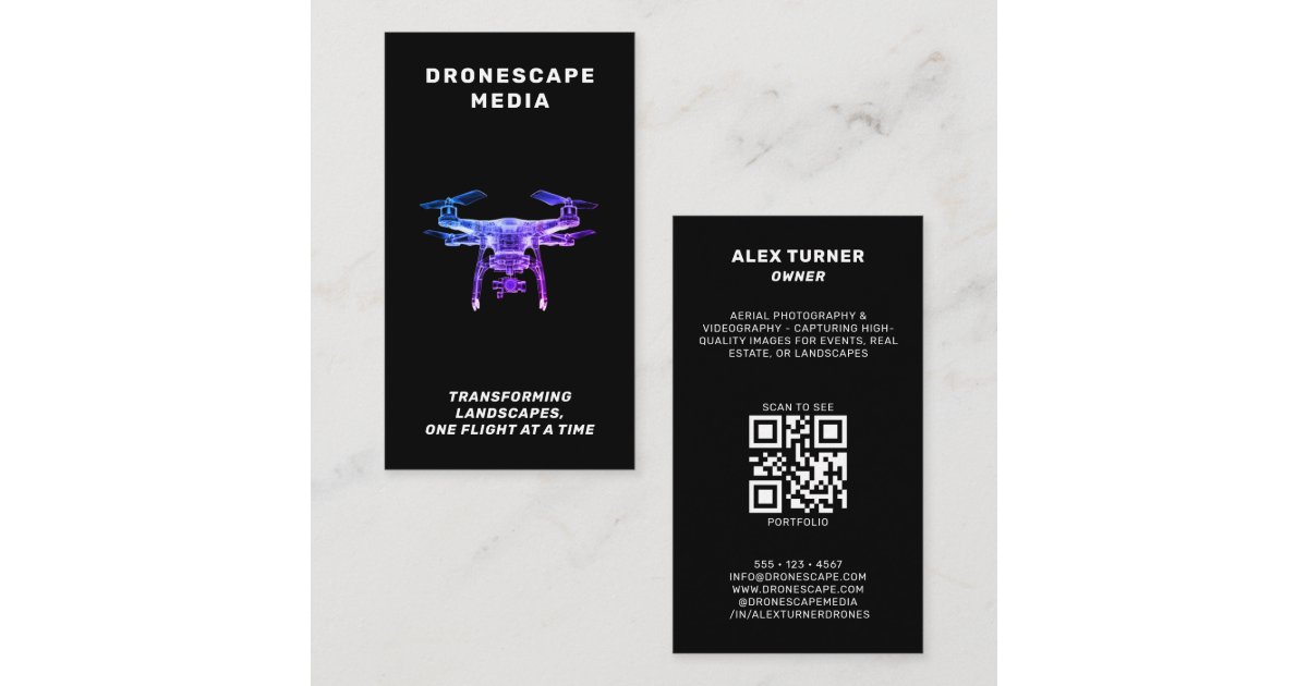 Drone UAV Pilot Photography QR Code Modern Black Business Card | Zazzle
