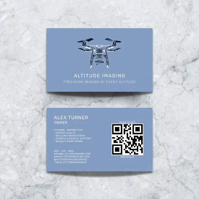 Drone UAV Pilot Photography QR Code Modern Blue Business Card | Zazzle