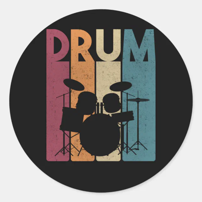 Drum Set Vintage Rock Music Retro Drummer Classic Round Sticker | Zazzle