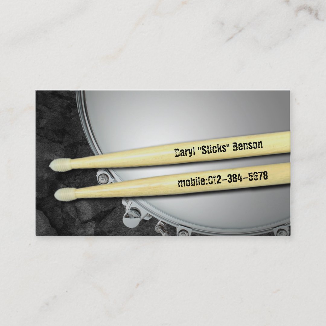 Drummer Snare and Sticks Musician Business Card | Zazzle