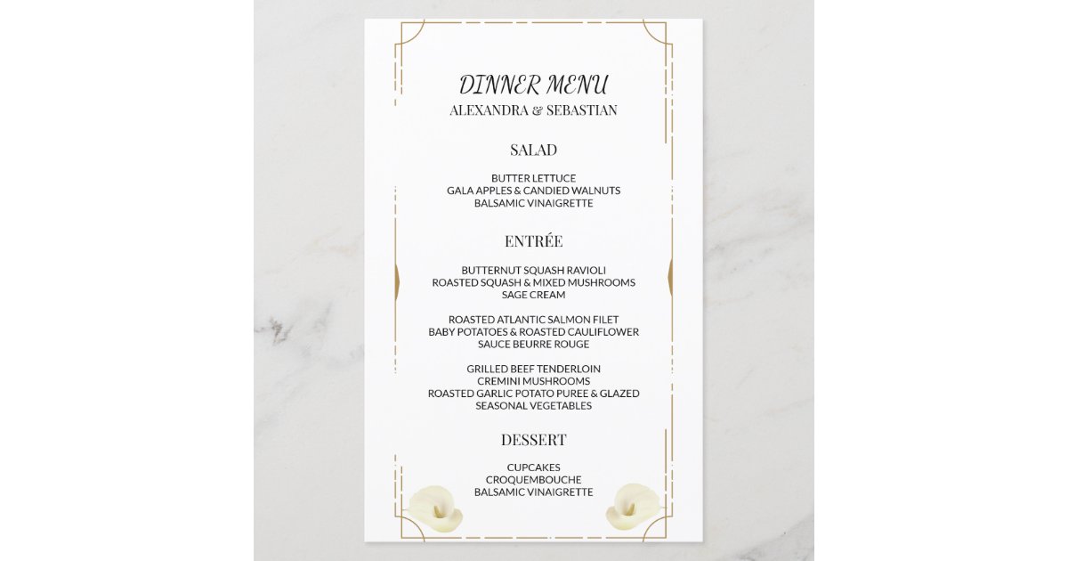 Dual Greenery Calla Lily Wedding Dinner Menu | Zazzle