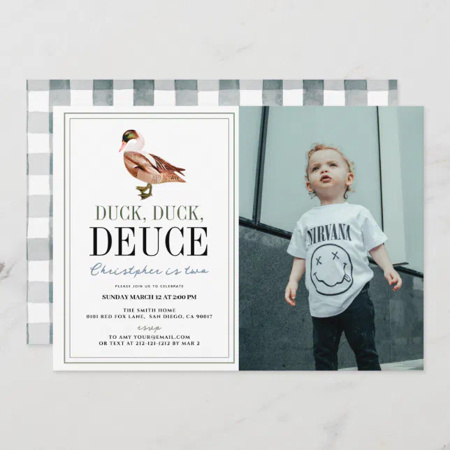 Duck Duck Deuce Classic Boy Photo 2nd Birthday Invitation | Zazzle