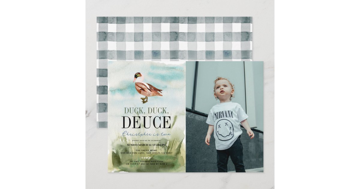 Duck Duck Deuce Watercolor Boy Photo 2nd Birthday Invitation | Zazzle