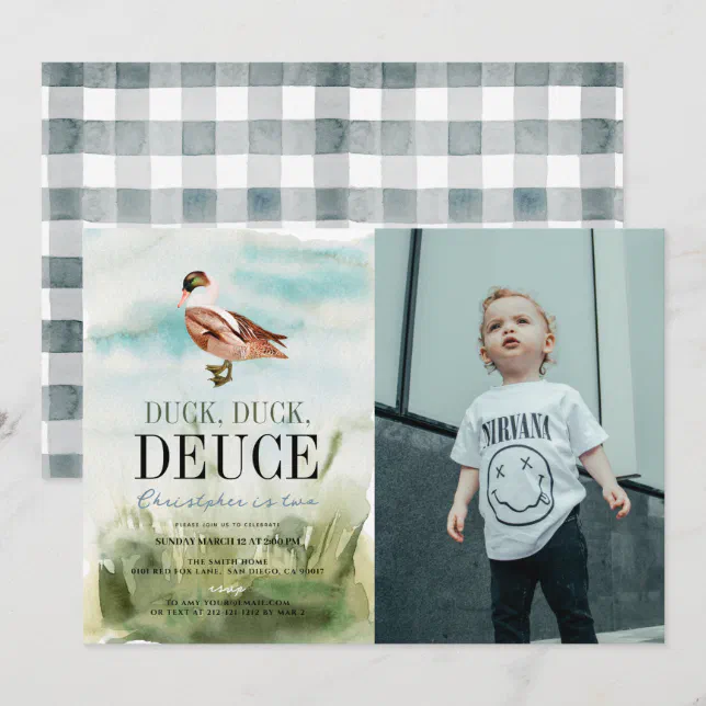 Duck Duck Deuce Watercolor Boy Photo 2nd Birthday Invitation | Zazzle