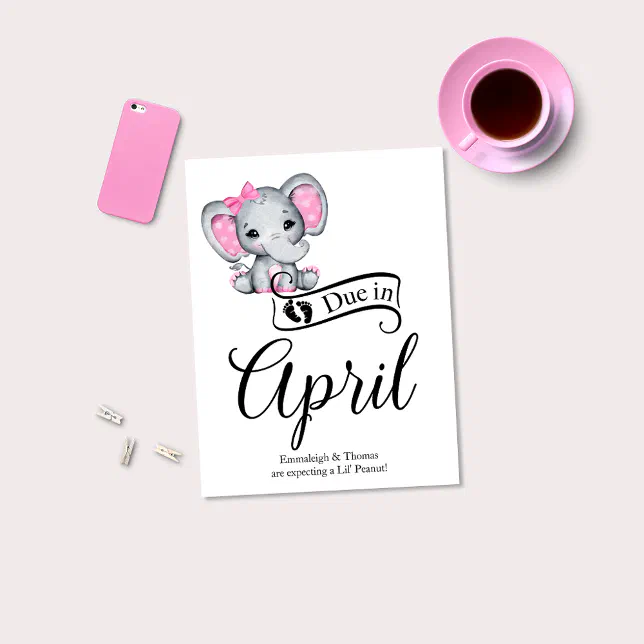 Due in April Little Peanut Baby Girl Elephant Postcard | Zazzle