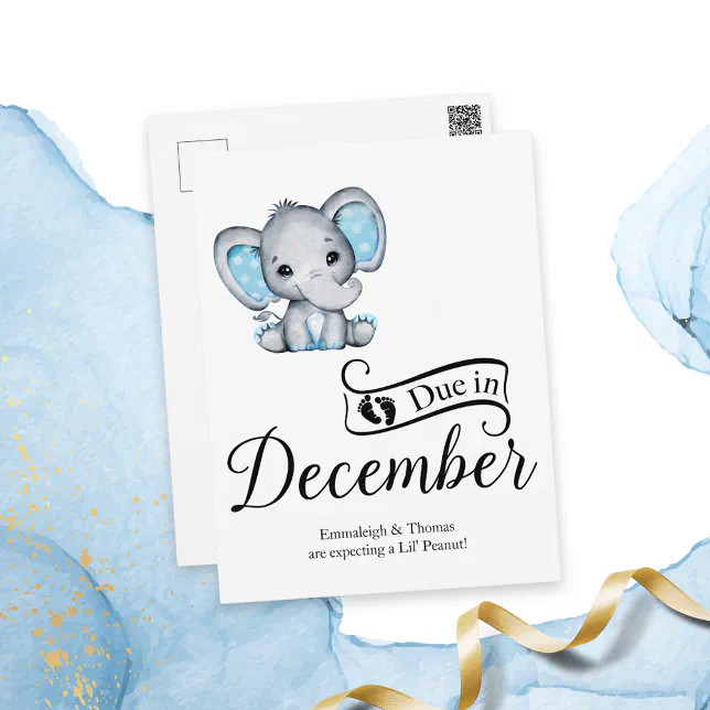 Due in December Little Peanut Baby Boy Elephant Postcard | Zazzle