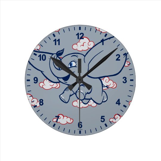 Dumbo | Cartoon Dumbo Flying With Feather Round Clock | Zazzle.com
