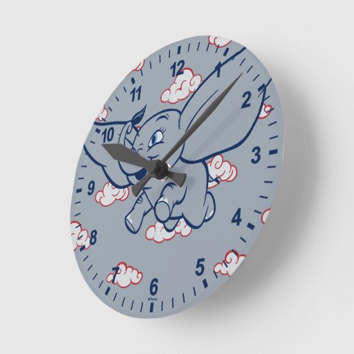 Dumbo | Cartoon Dumbo Flying With Feather Round Clock | Zazzle