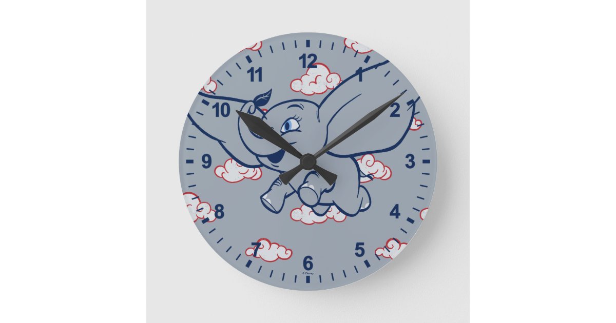 Dumbo | Cartoon Dumbo Flying With Feather Round Clock | Zazzle