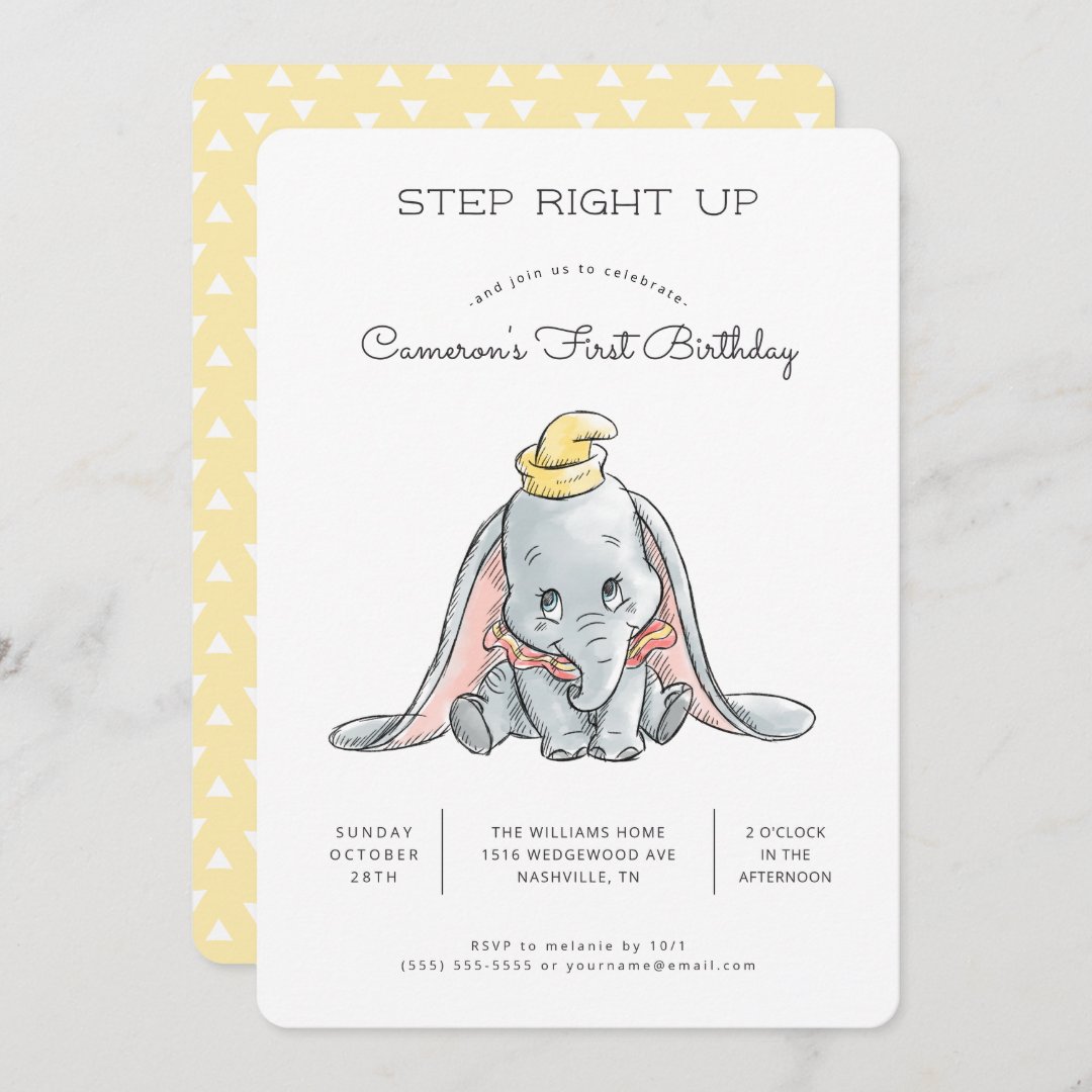 Dumbo Watercolor 1st Birthday Invitation | Zazzle