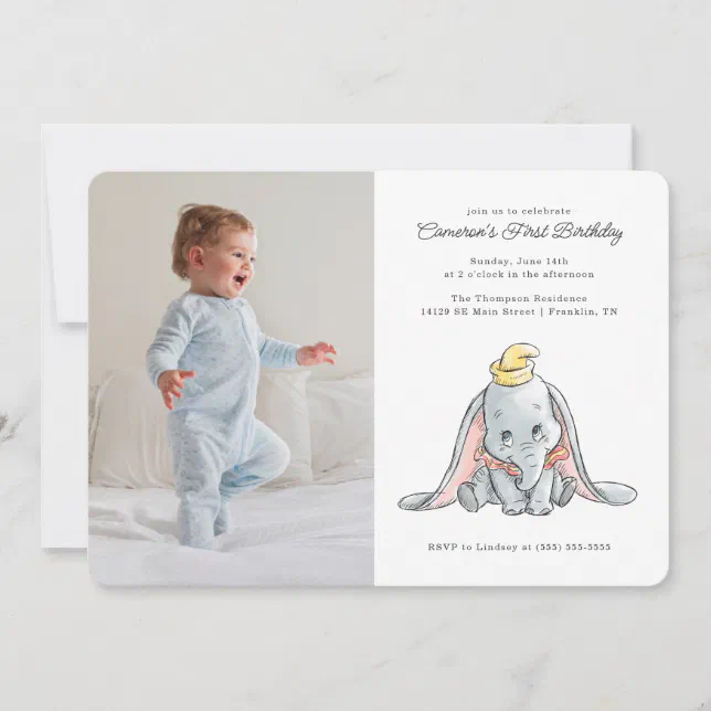 Dumbo Watercolor 1st Birthday Invitation | Zazzle