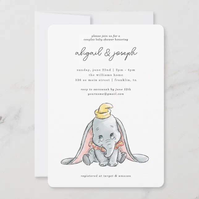 Dumbo Watercolor Couples Baby Shower Invitation | Zazzle