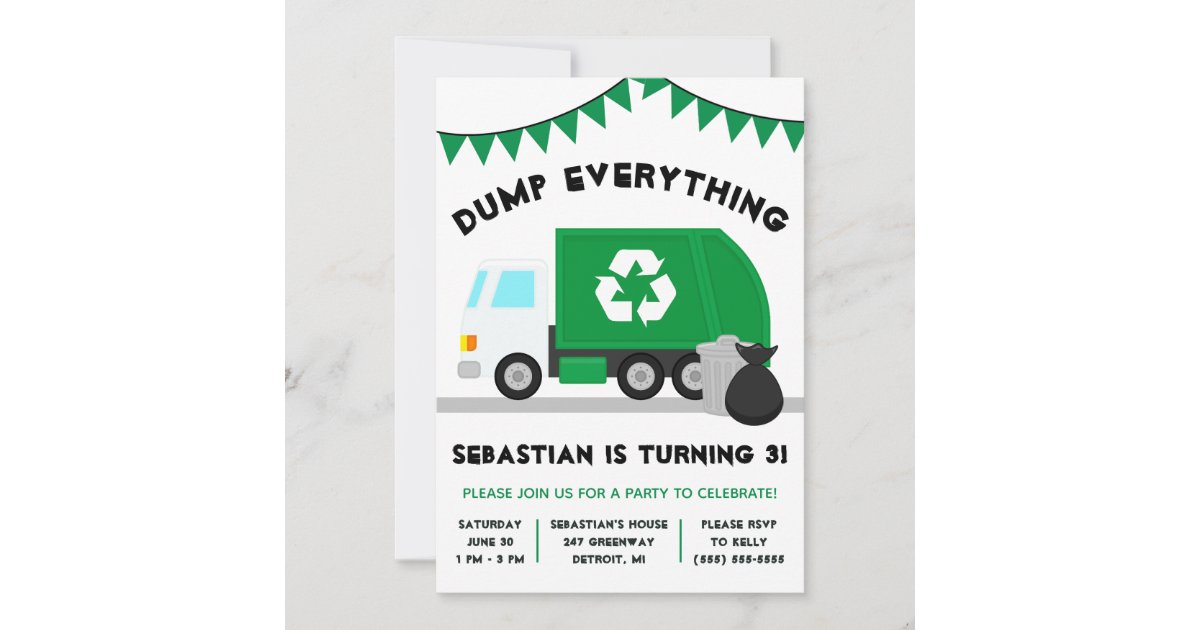 Dump Everything! Garbage, Recycling Truck Birthday Invitation | Zazzle