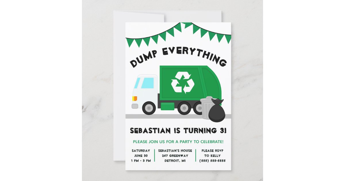 Dump Everything! Garbage, Recycling Truck Birthday Invitation | Zazzle