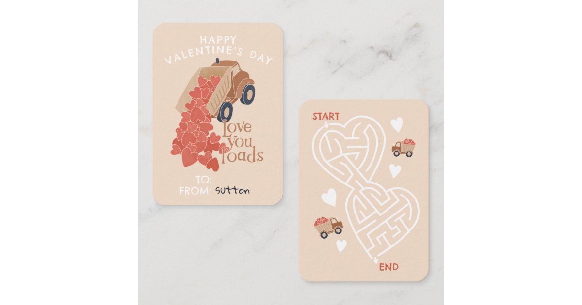 Dump truck and loads of hearts classroom Valentine Note Card | Zazzle