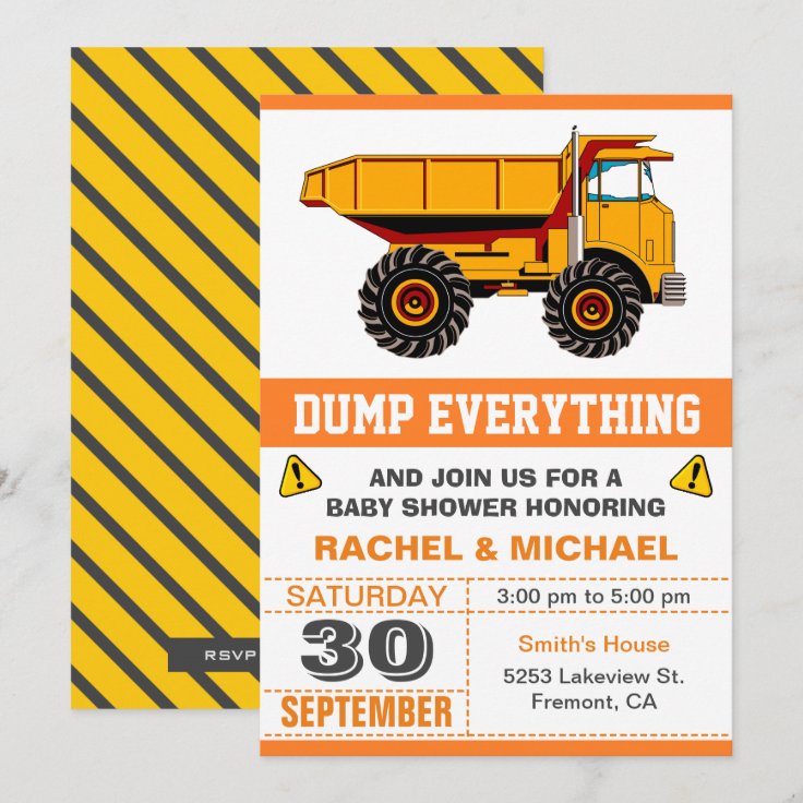 Dump Truck Construction Baby Shower Invitation | Zazzle