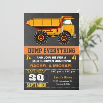 Dump Truck Construction Baby Shower Invitation | Zazzle