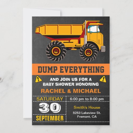 Dump Truck Construction Baby Shower Invitation | Zazzle
