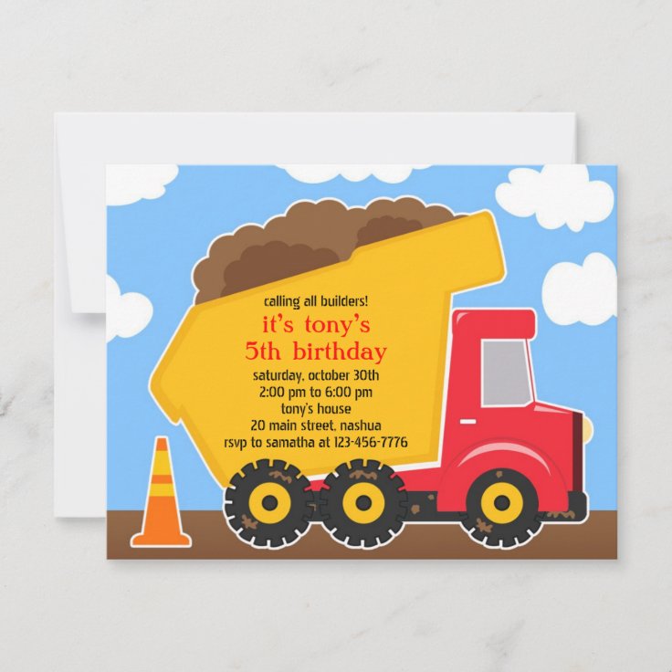 Dump Truck Construction Birthday Invitation Zazzle
